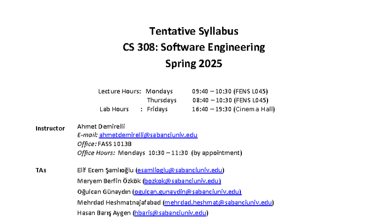 CS 308: Tentative Syllabus for Software Engineering Spring 2025 - Studocu