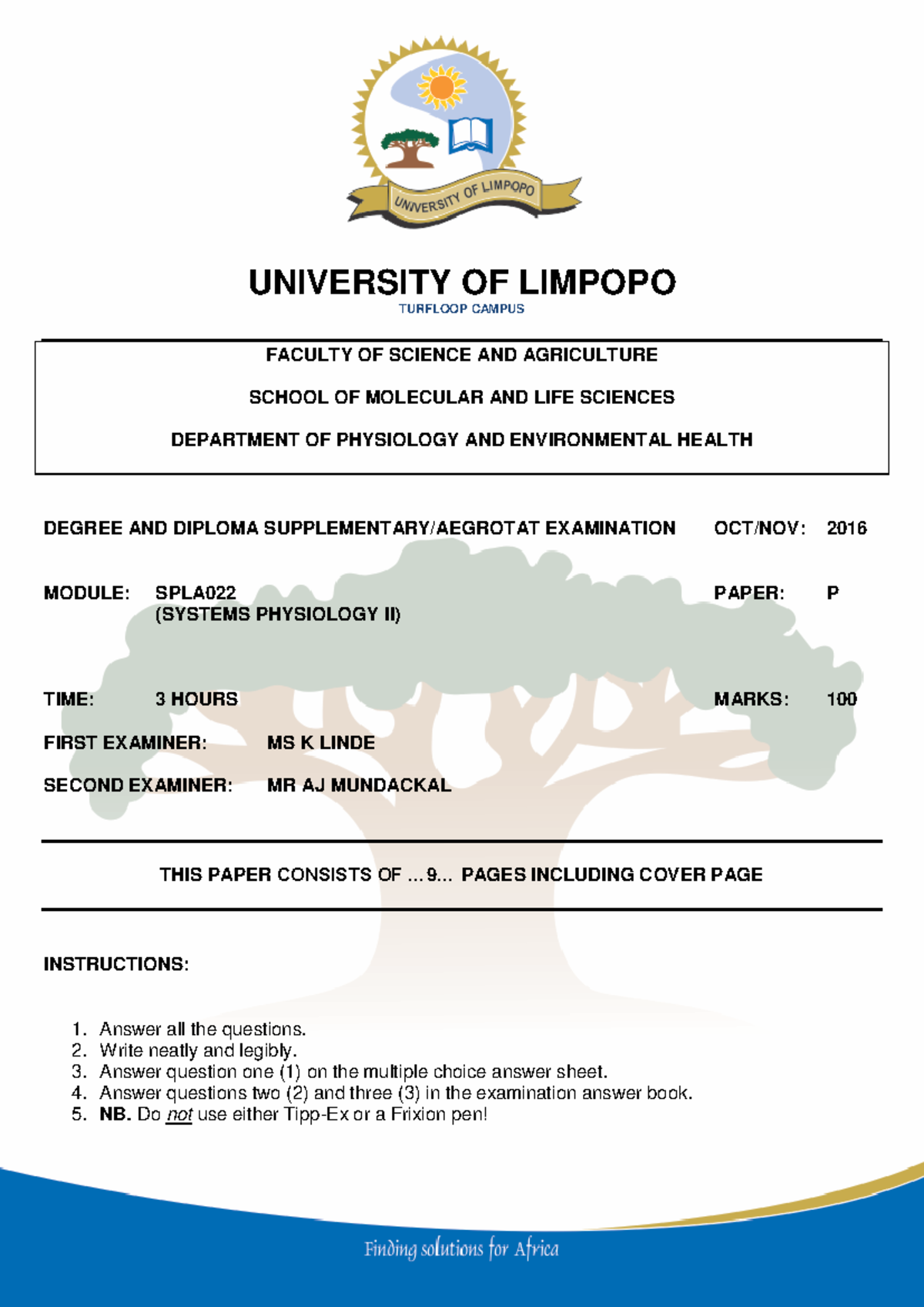 Exam 16 November 2016, questions - UNIVERSITY OF LIMPOPO TURFLOOP ...