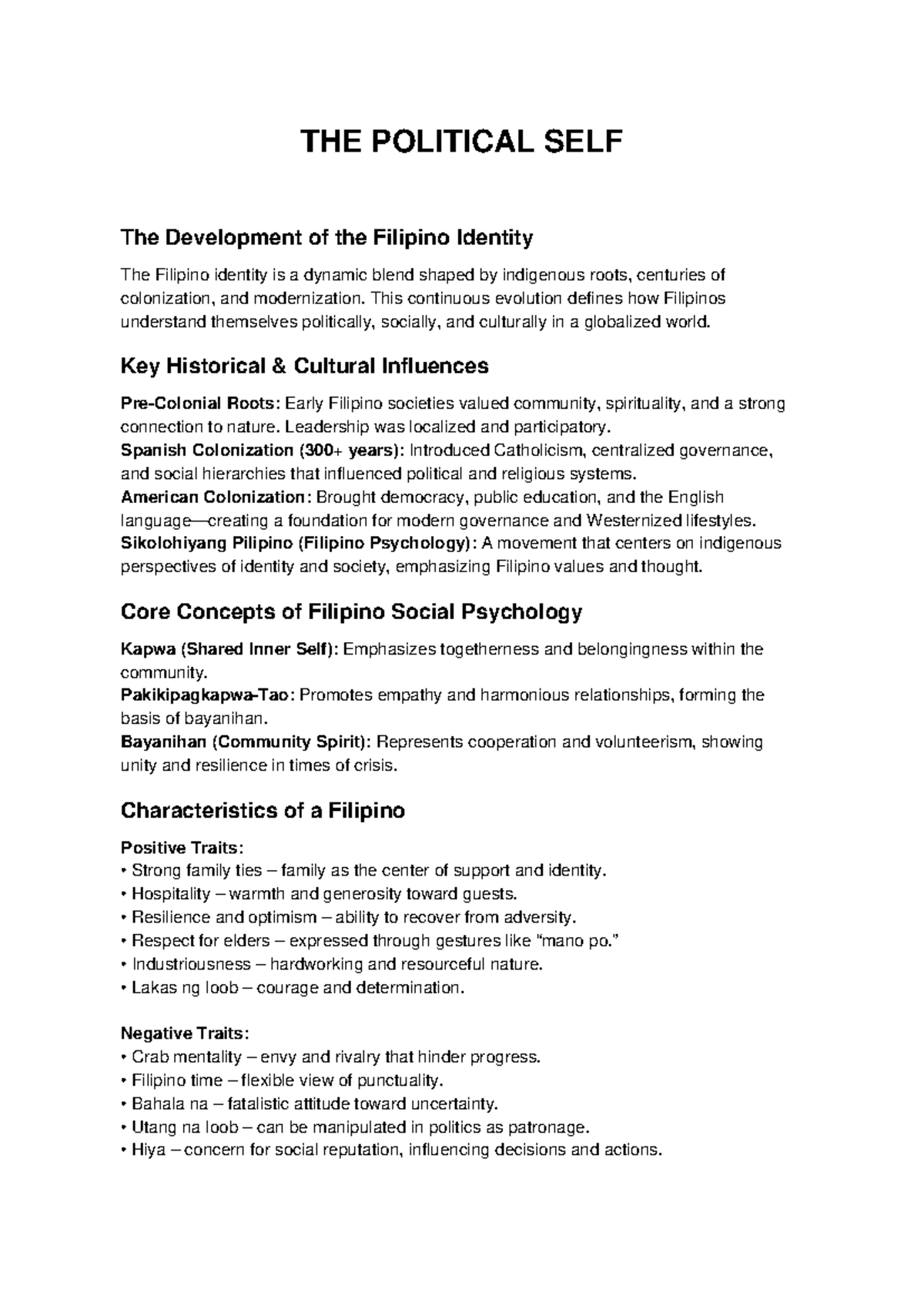 THE POLITICAL SELF (PSY 101) Filipino Identity Development Reviewer ...