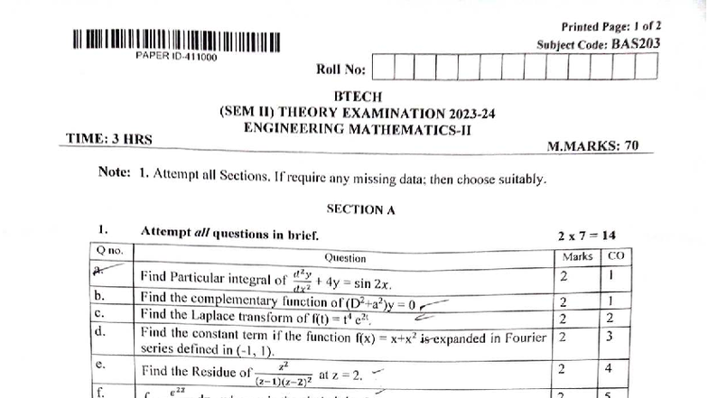 Engineering Mathematics 2 BAS203 Theory Exam PYQs - Studocu