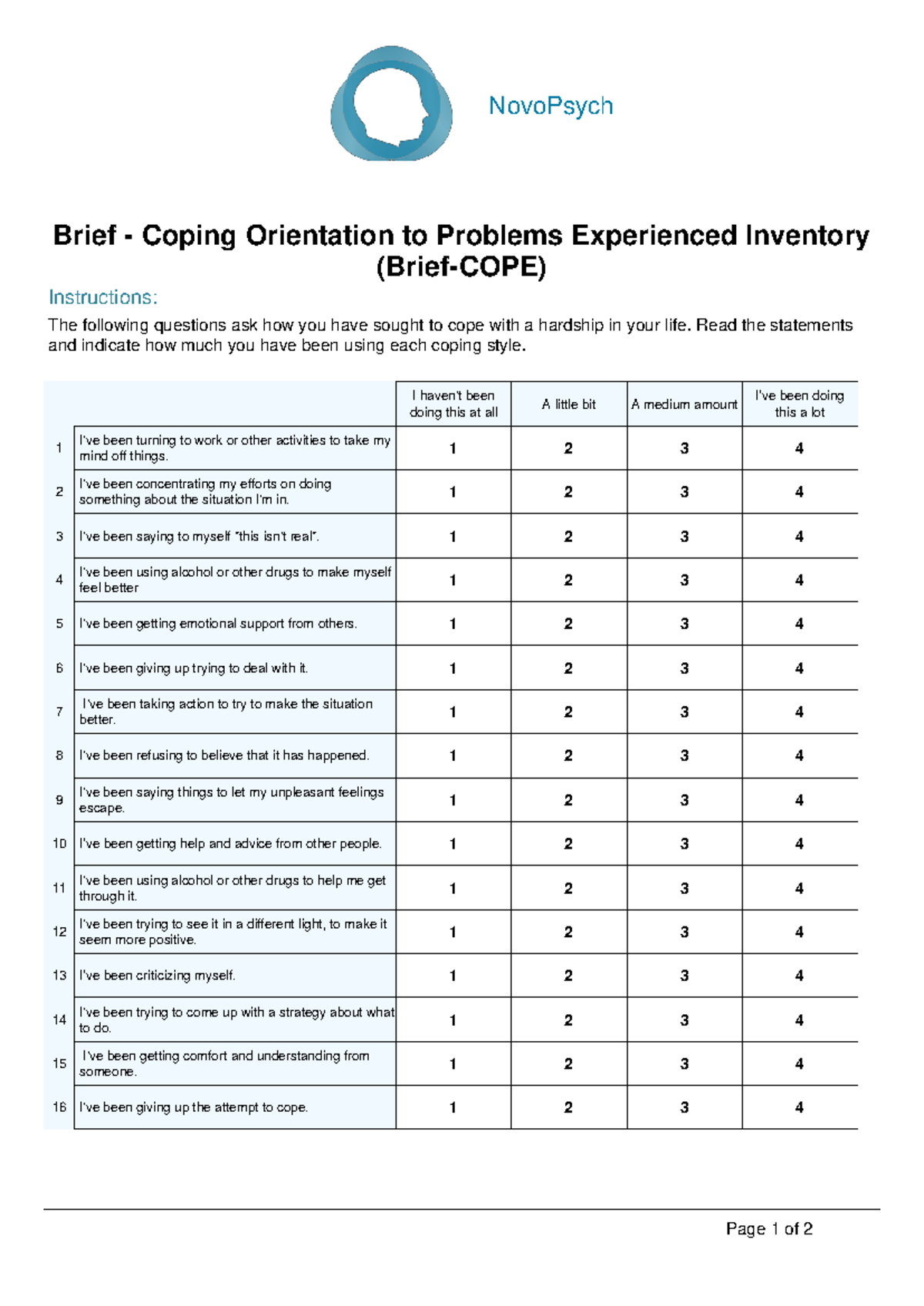 Brief-COPE Assessment Scoring Guide for Coping Strategies - Studocu