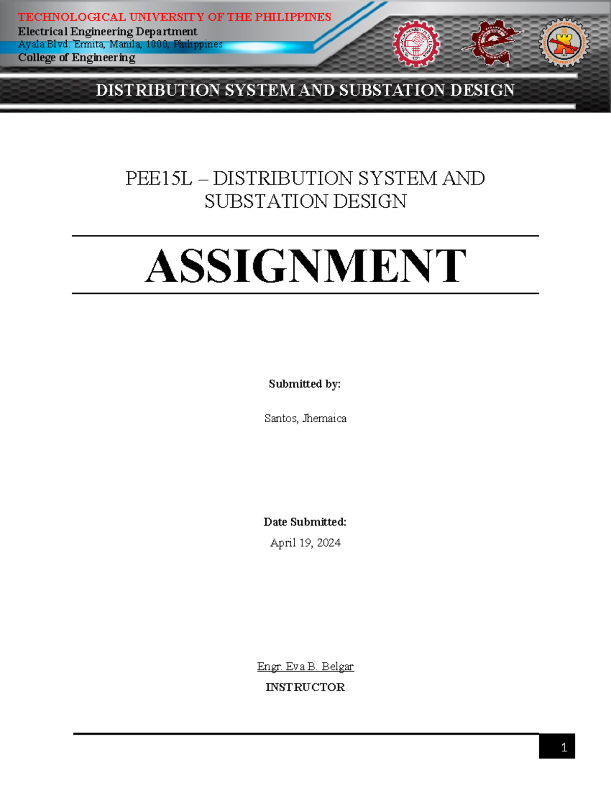 PEE15L - Assignment on Distribution System & Substation Design - Studocu