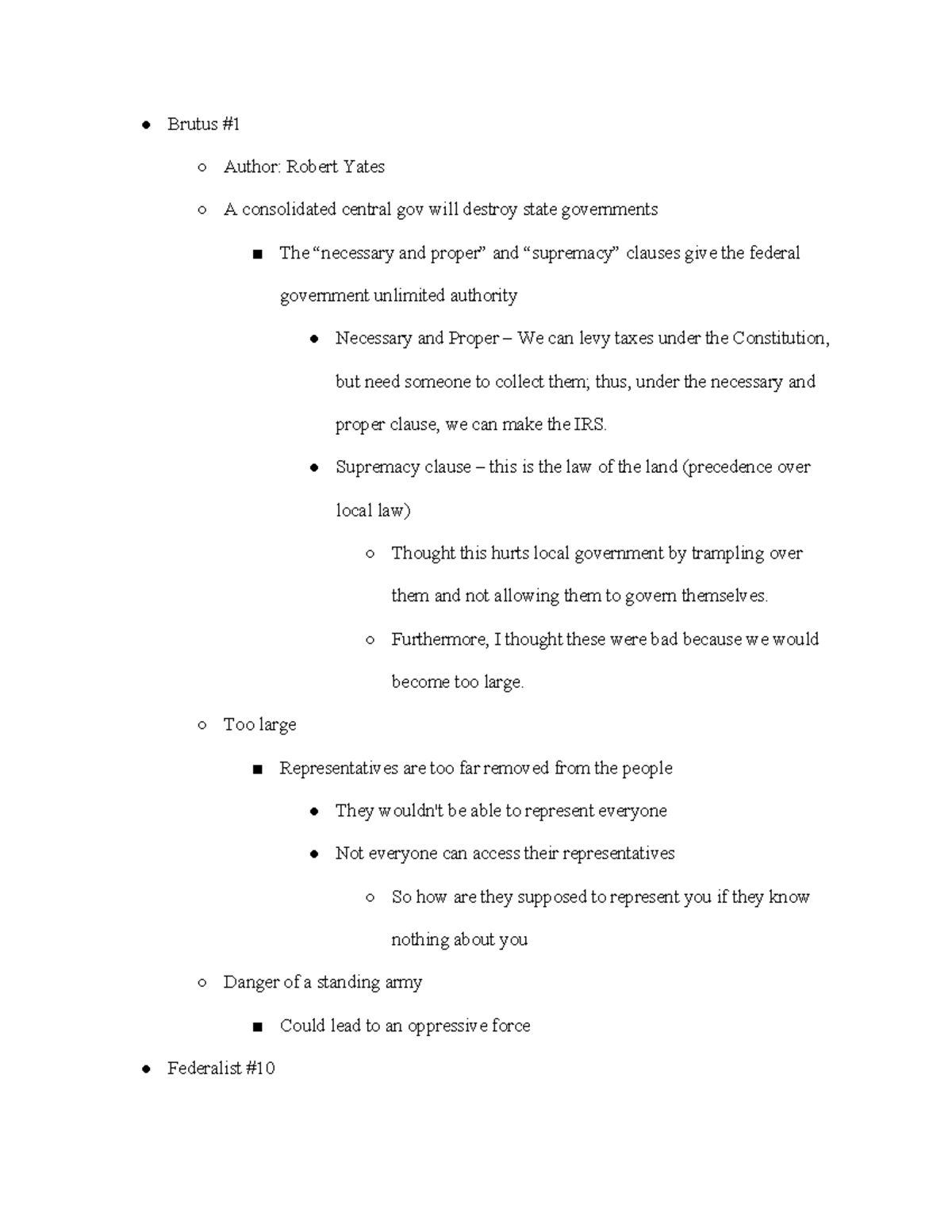 Brutus #1 & Federalist #10: Analysis of Central Authority Impacts - Studocu