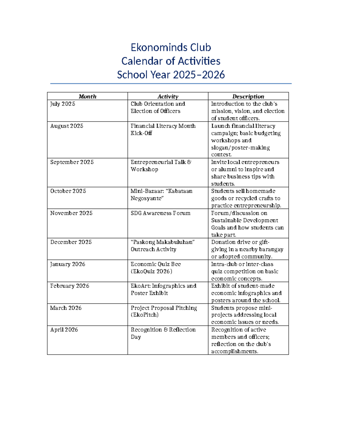 Ekonominds Club Activities Calendar 2025-2026 - Studocu