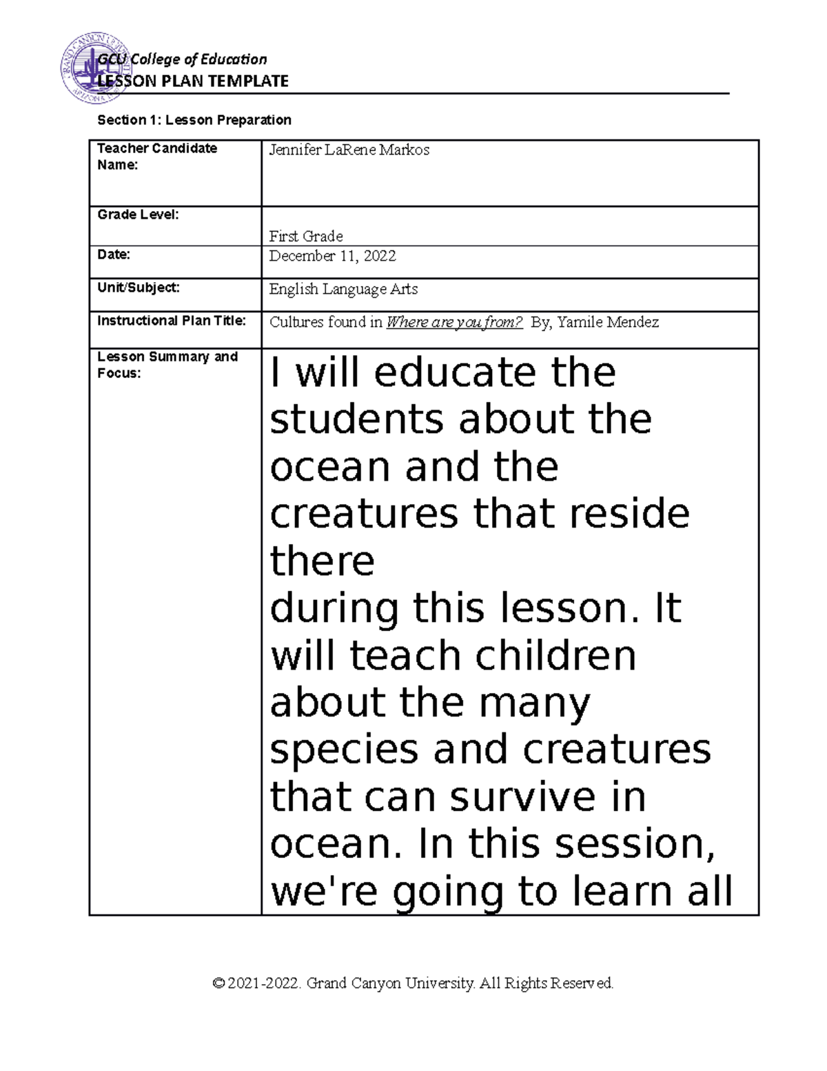 COE Lesson Plan ESL 440 - LESSON PLAN TEMPLATE Section 1: Lesson ...