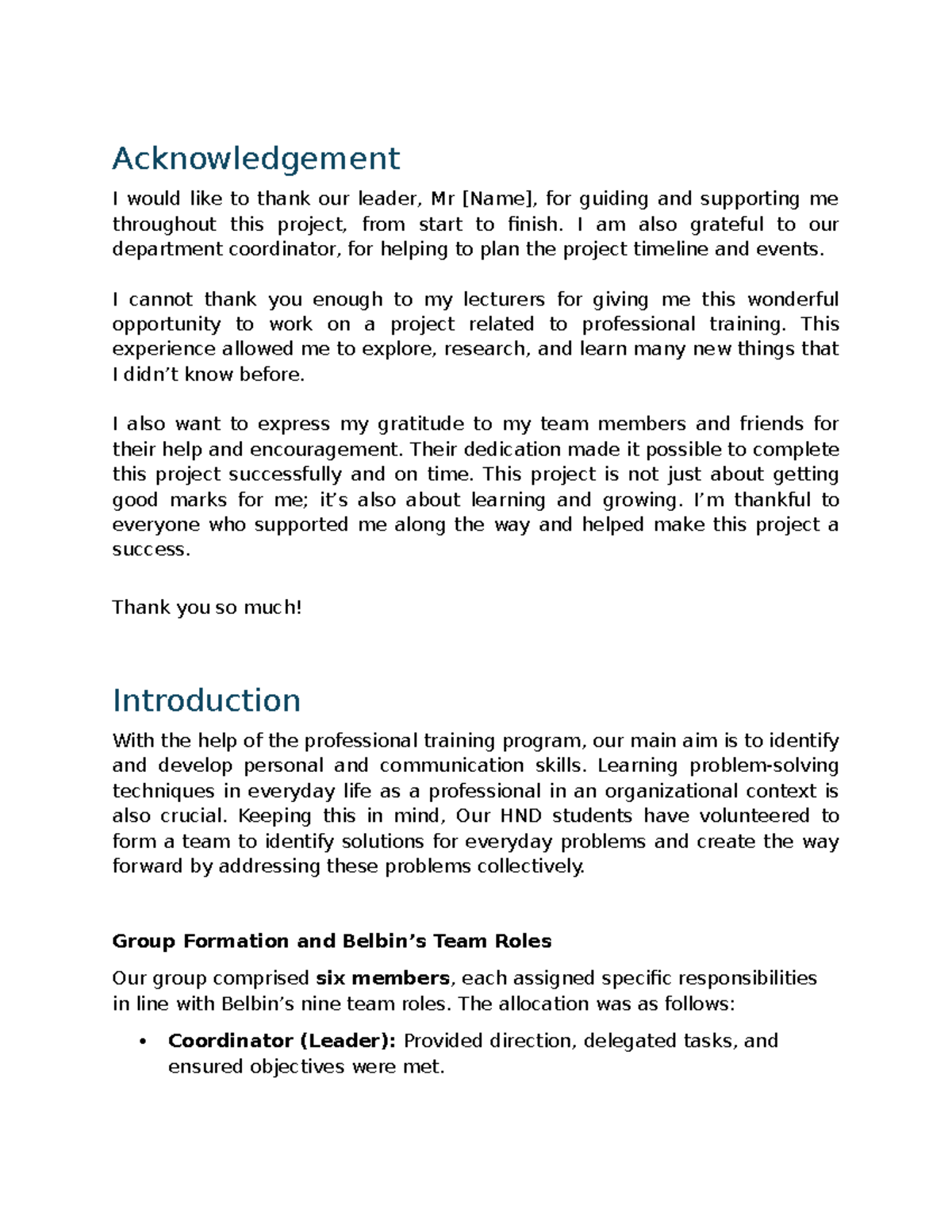 PP Notes - Acknowledgements and Team Roles in Professional Training ...