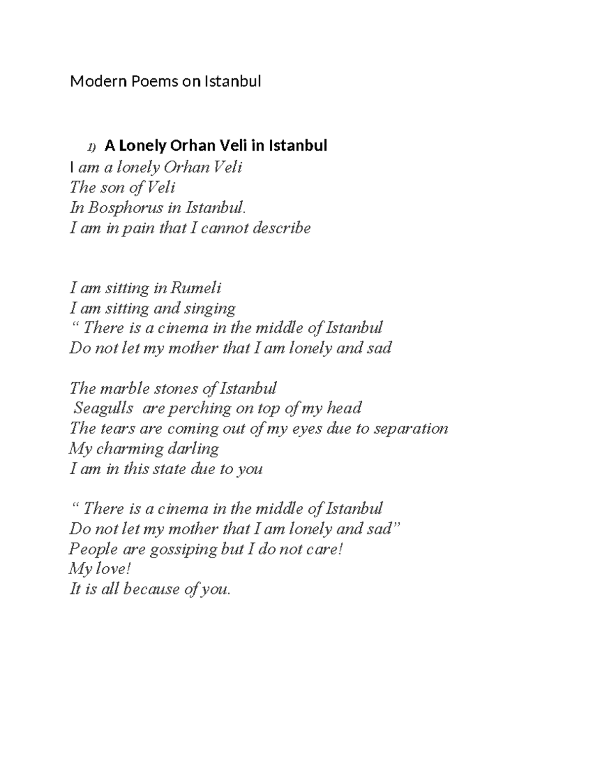 Modern Poems on Istanbul: A Collection of Orhan Veli's Works - Studocu