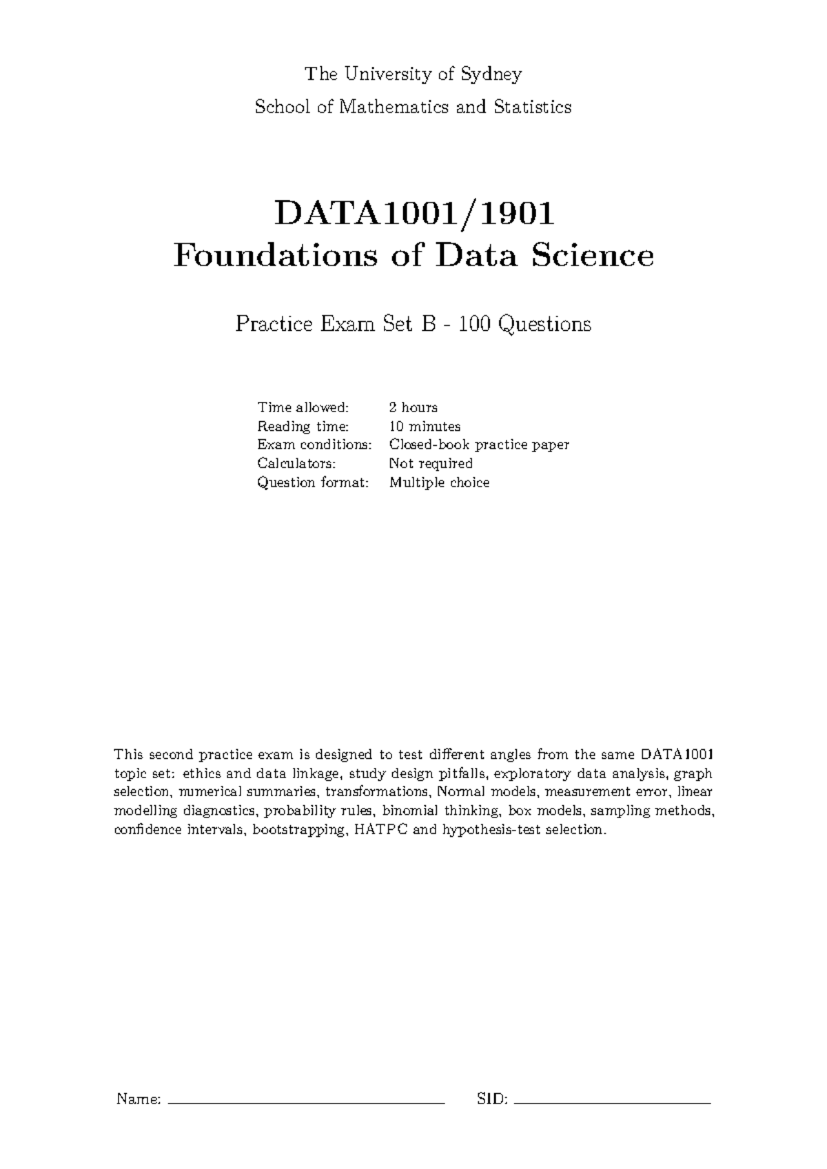 DATA1001 Foundations of Data Science Practice Exam Set B: 100 Questions ...