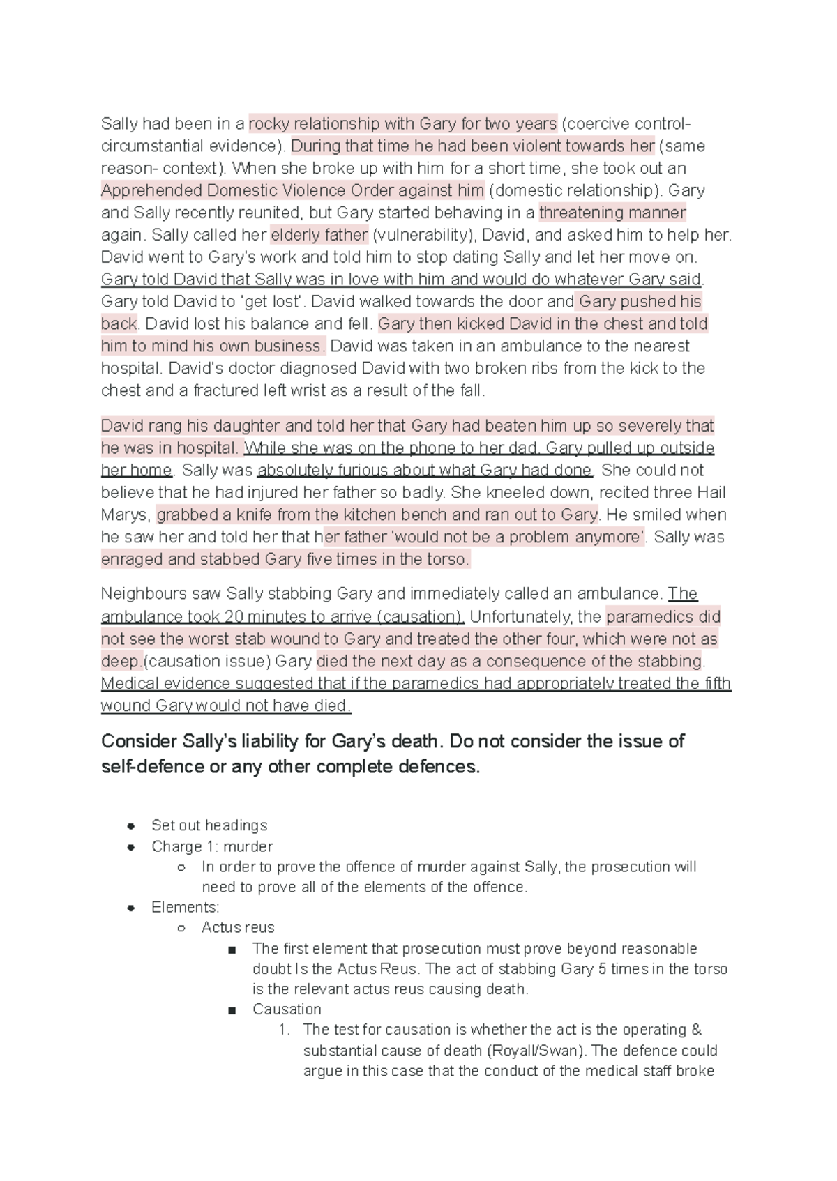 Murder question scaffold/example answer - Sally had been in a rocky ...