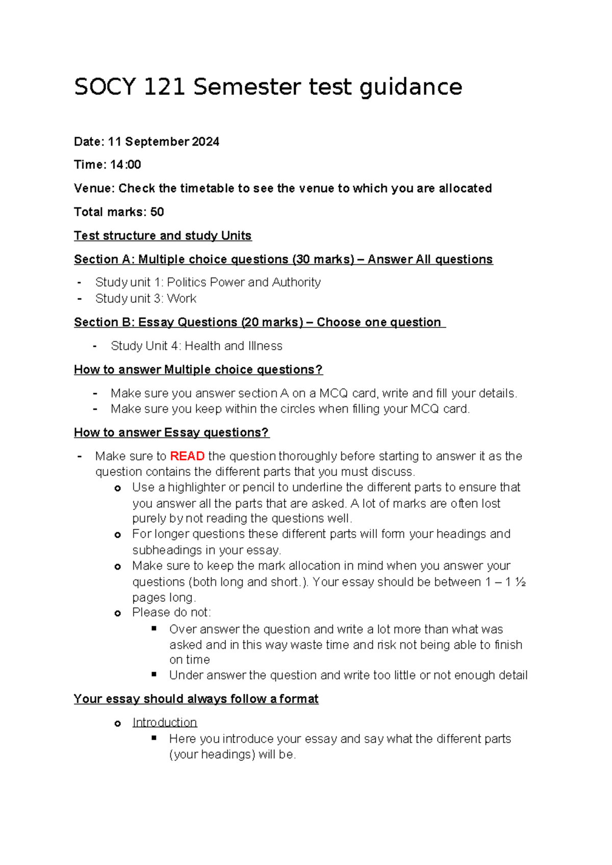 SOCY 121 Semester Test Guidance and Study Tips 2024 - Studocu