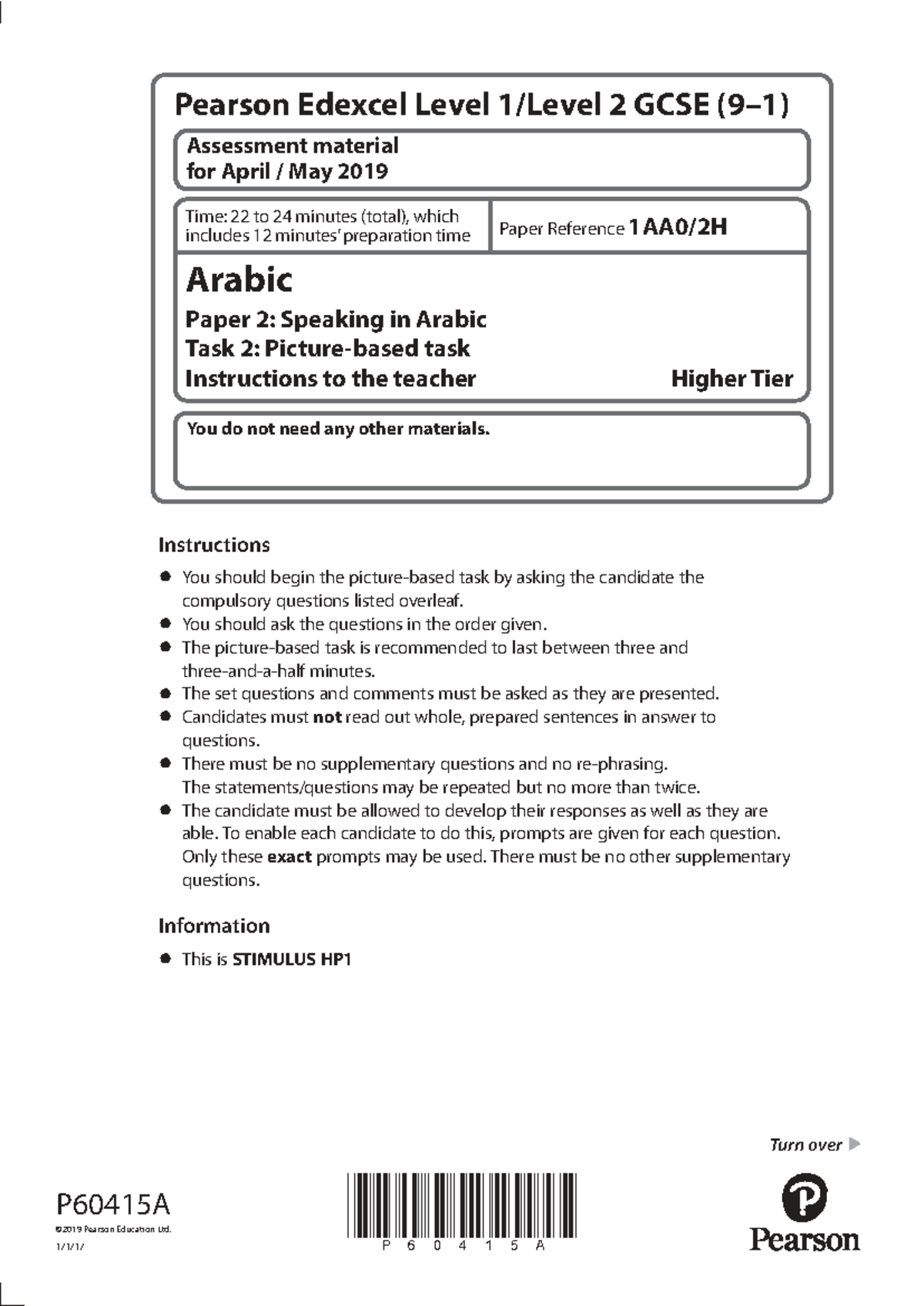 Pearson Edexcel Level 2 GCSE Arabic Paper 2: Speaking Task 2 ...