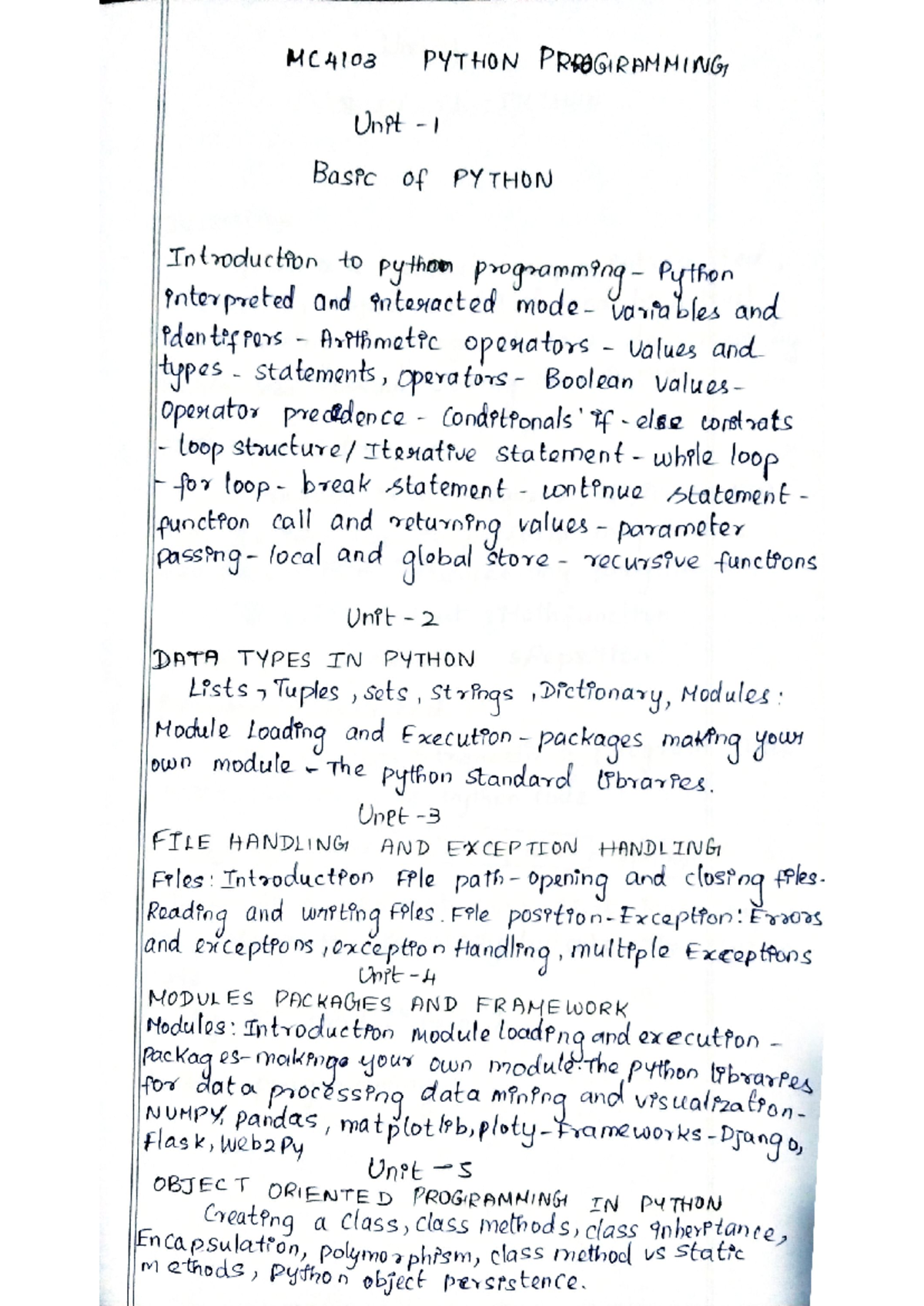 Python unit 1 and 2 - Nothing - MC 4103 PYTHON PROGRAMMING Unit Basic of PYTHON Introduction to ...