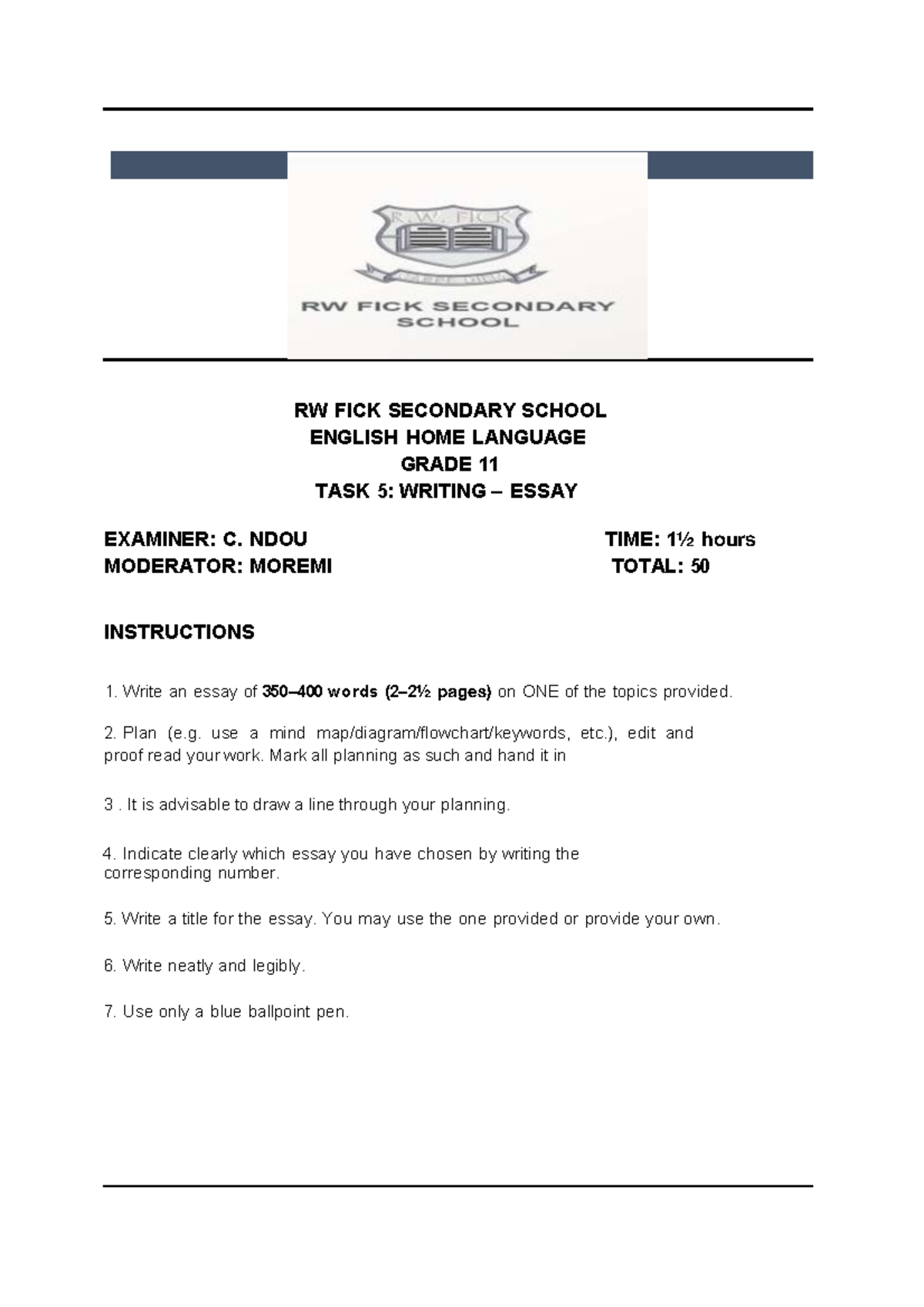 Grade 11 English Home Language Task 5: Essay Writing Guidelines - Studocu