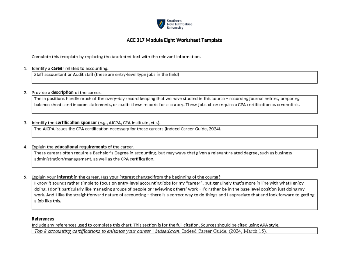 ACC-317 Module 8 Worksheet - ACC 317 Module Eight Worksheet Template ...