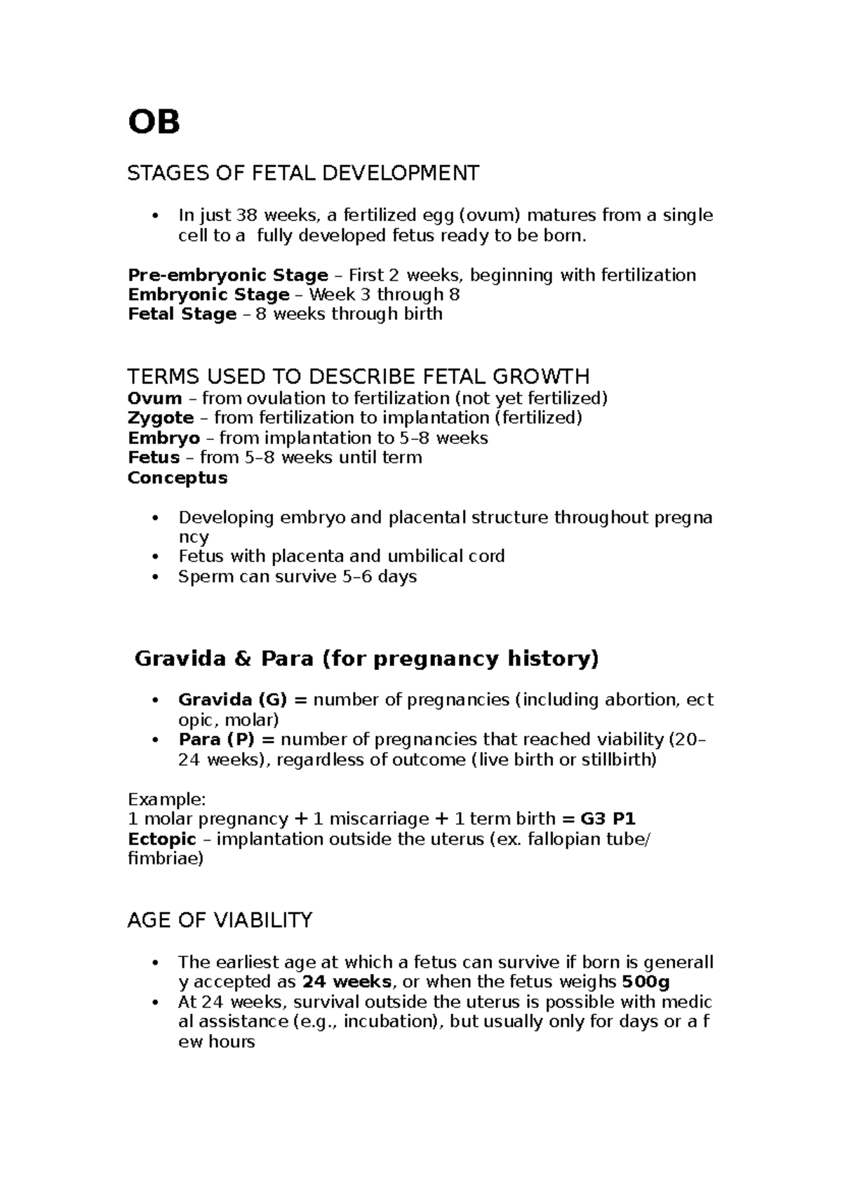 OB Fetal Development Stages and Key Terms: Comprehensive Notes - Studocu