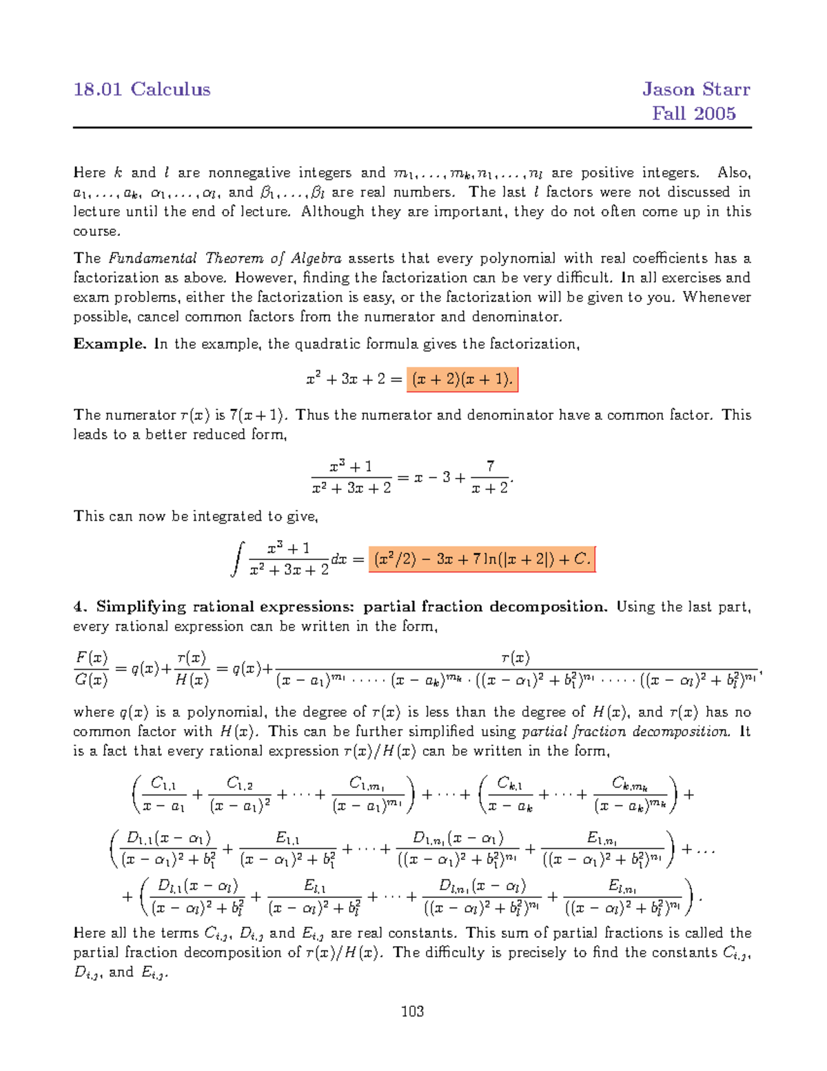 18.01 Calculus Lecture Notes: Partial Fraction Decomposition - Studocu