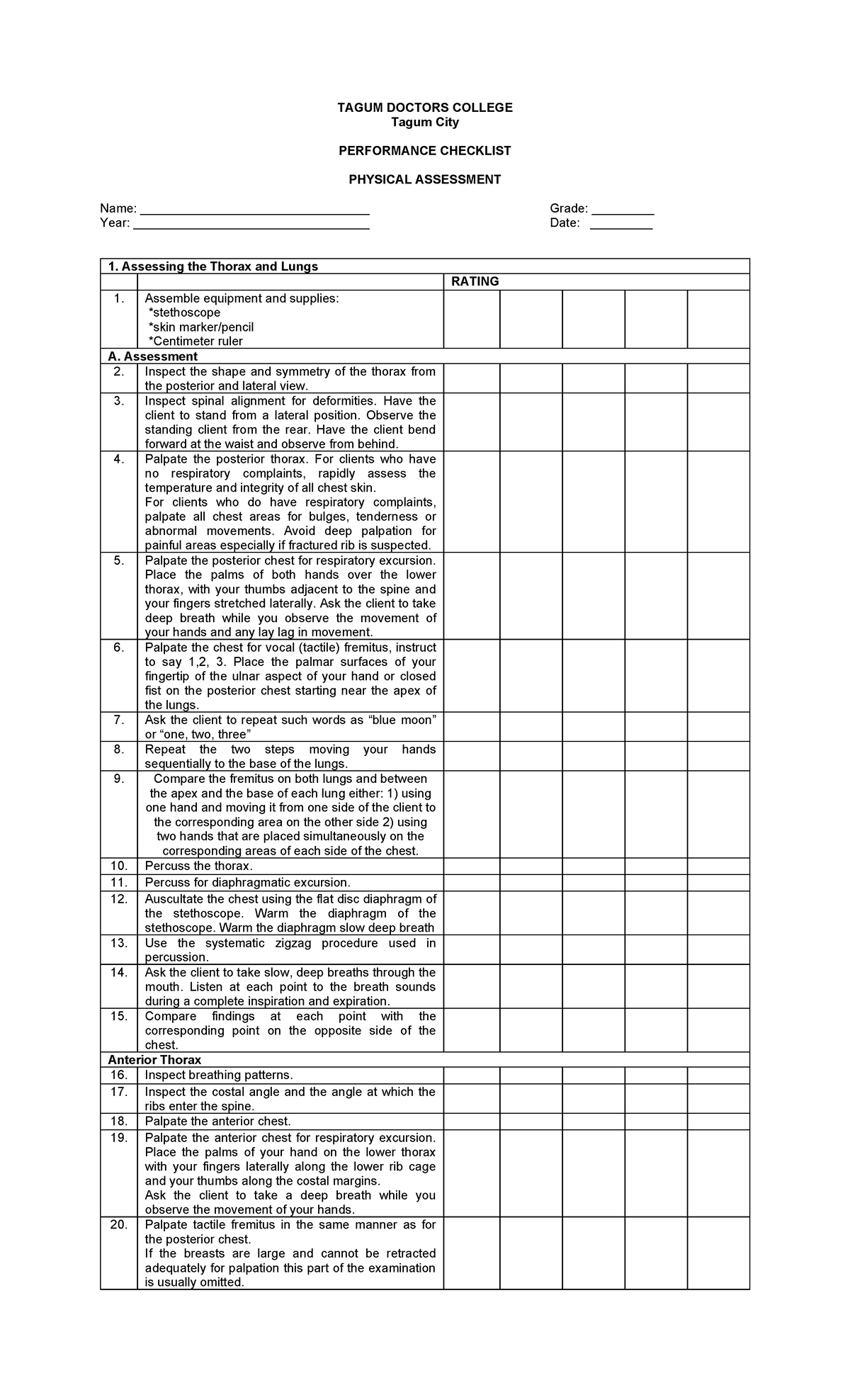 TAGUM DOCTORS COLLEGE Tagum City PERFORMANCE CHECKLIST: THORAX & LUNGS ...