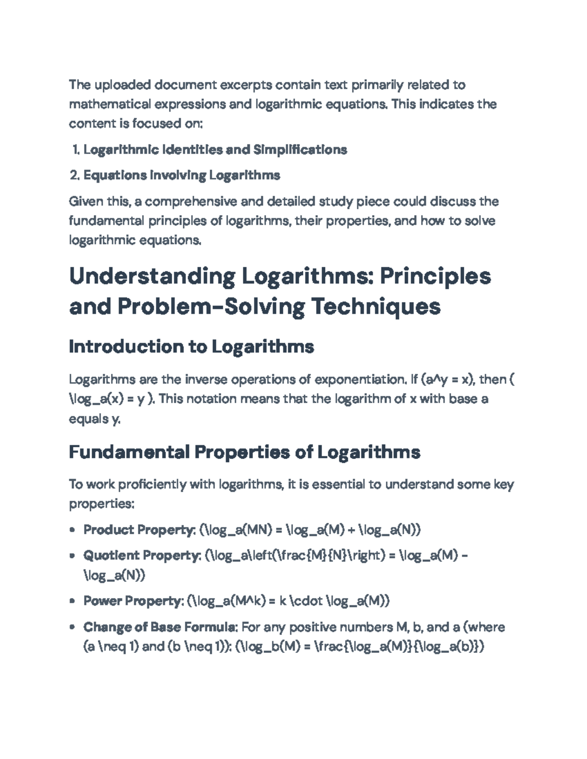 Understanding Logarithms: Principles, Properties, and Equations - The uploaded document excerpts ...