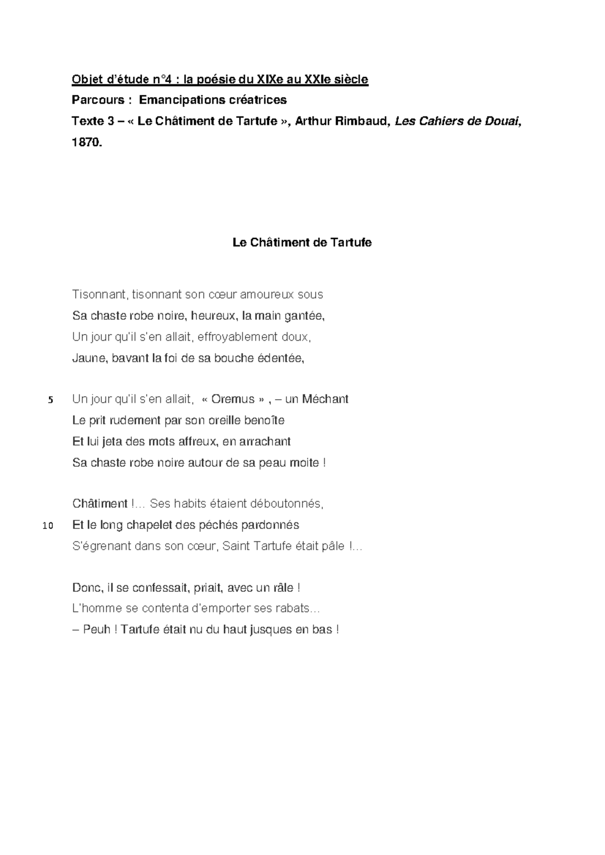 Texte 3: Analyse de "Le Châtiment de Tartufe" par Rimbaud - Studocu