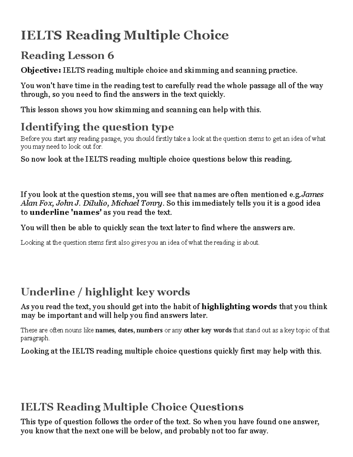 IELTS Reading MC Strategies: Lesson 6 on Skimming & Scanning - Studocu