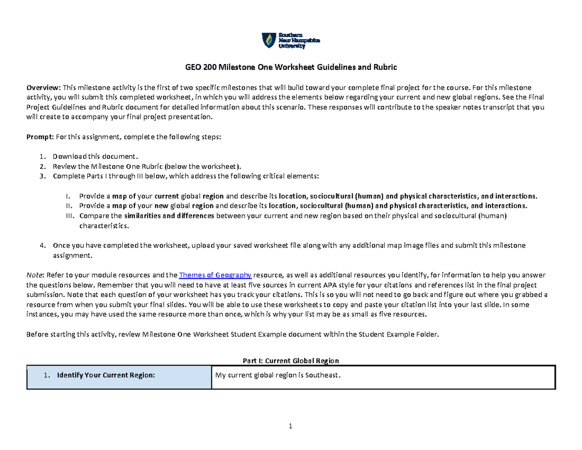 GEO 200 Milestone One Worksheet: Guidelines and Rubric Overview - Studocu