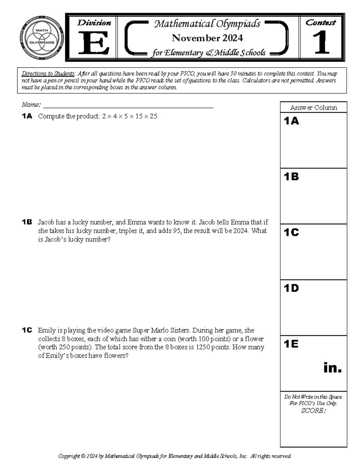 Math 1 2024 - Elementary & Middle School Olympiad Directions - Studocu