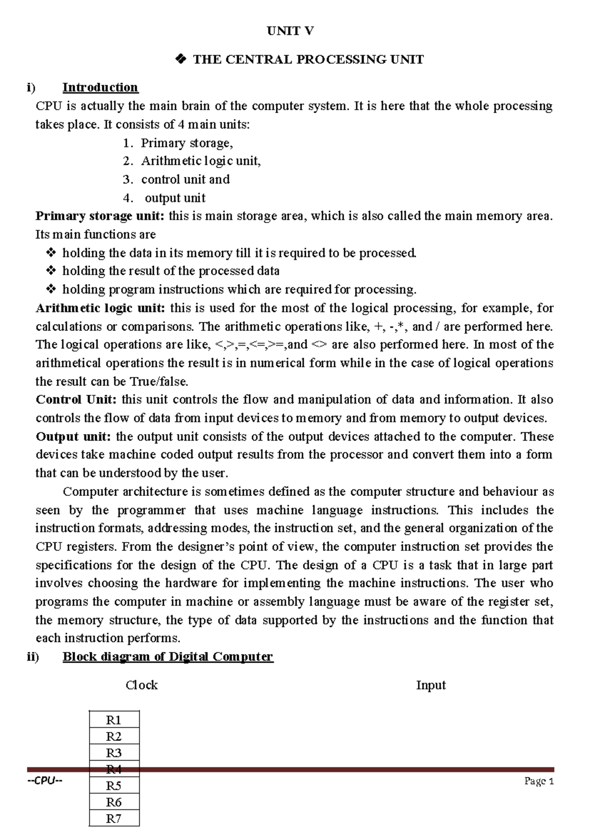 Unit V - The Central Processing Unit (CPU) Overview and Architecture - Studocu