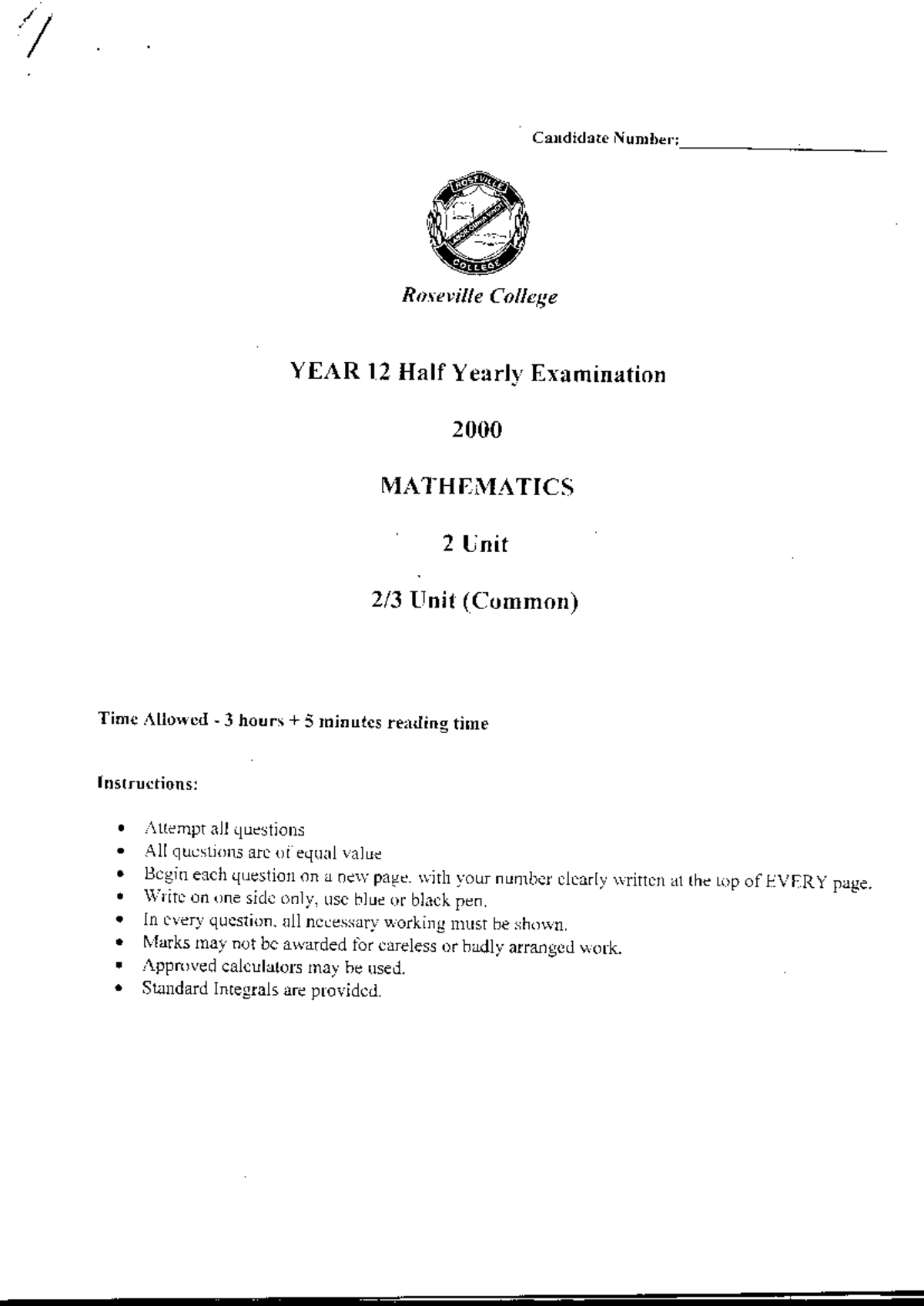 Year 12 2U Mathematics Half Yearly Exam Solutions - 2000 - Studocu