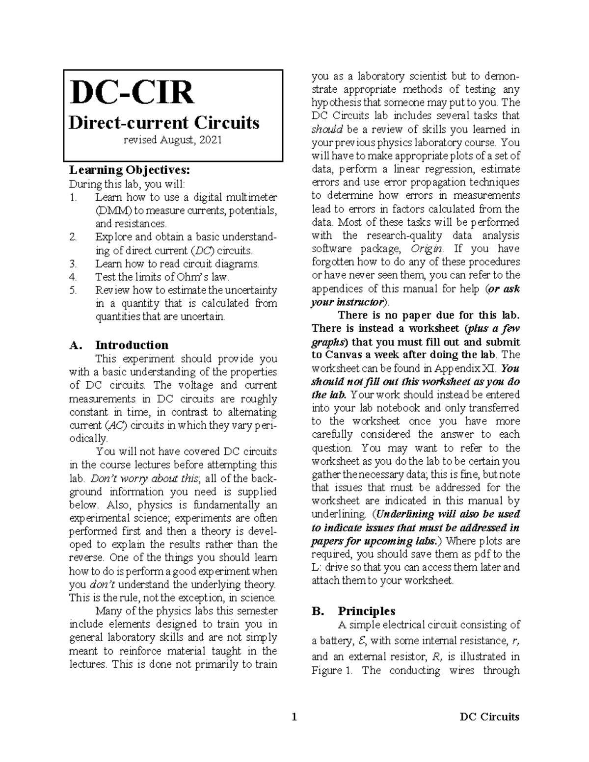 Physics 122 Lab on Direct current circuits - DC-CIR Direct-current ...