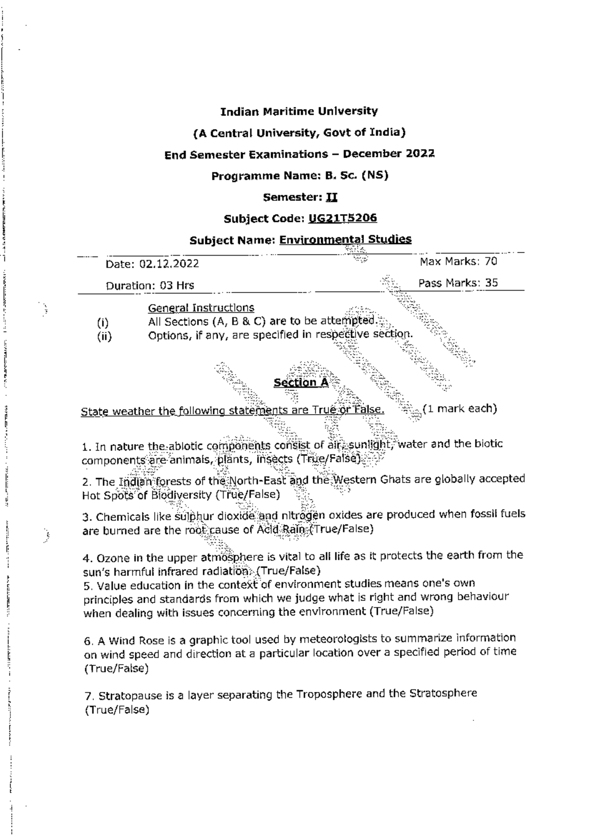 UG21T5206 Environmental Studies End Semester Exam Dec 2022 - Studocu