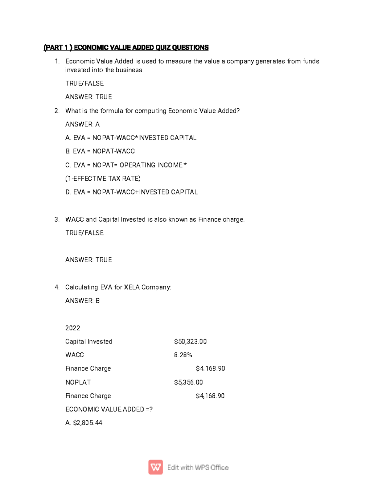 EVA- Quiz Questions Practice Materials for Economic Analysis (ECO 101 ...