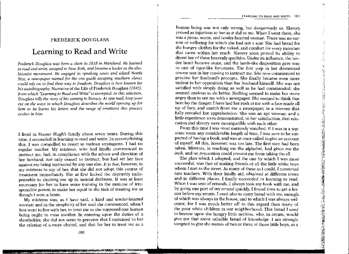 Document Analysis and Summary for C101: Frederick Douglass' Literacy ...