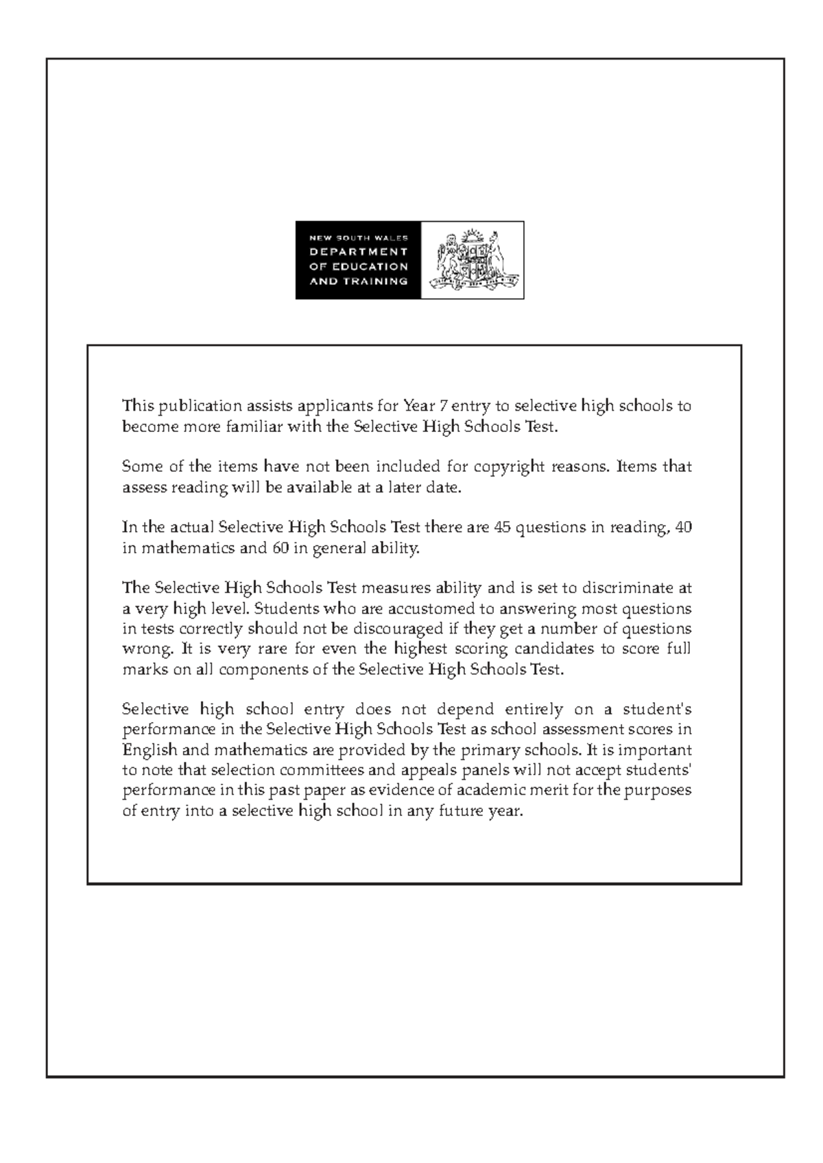Selective High Schools Test 2003: Mathematics Practice Paper - Studocu