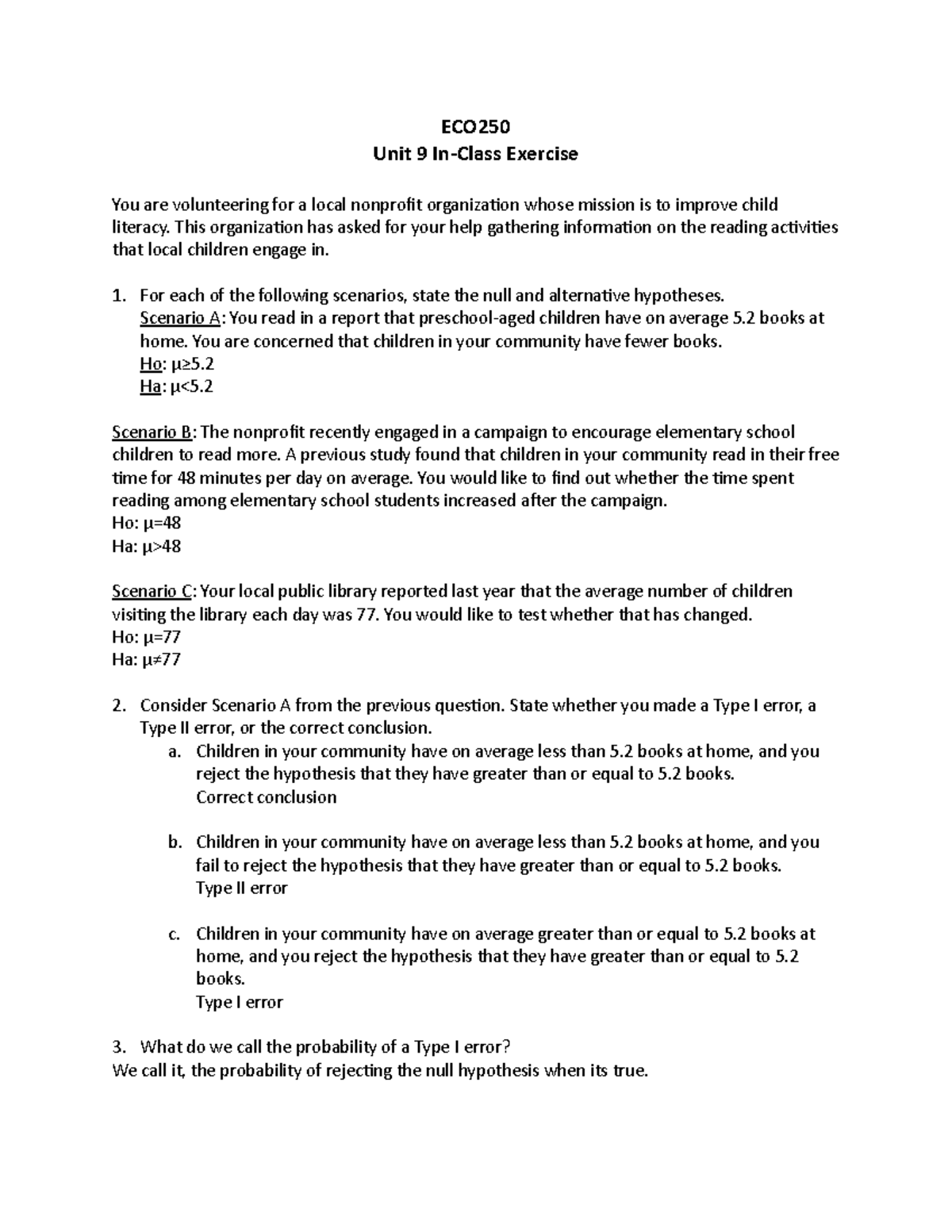 ECO250 Unit9 In-Class Exercise - ECO Unit 9 In-Class Exercise You are ...