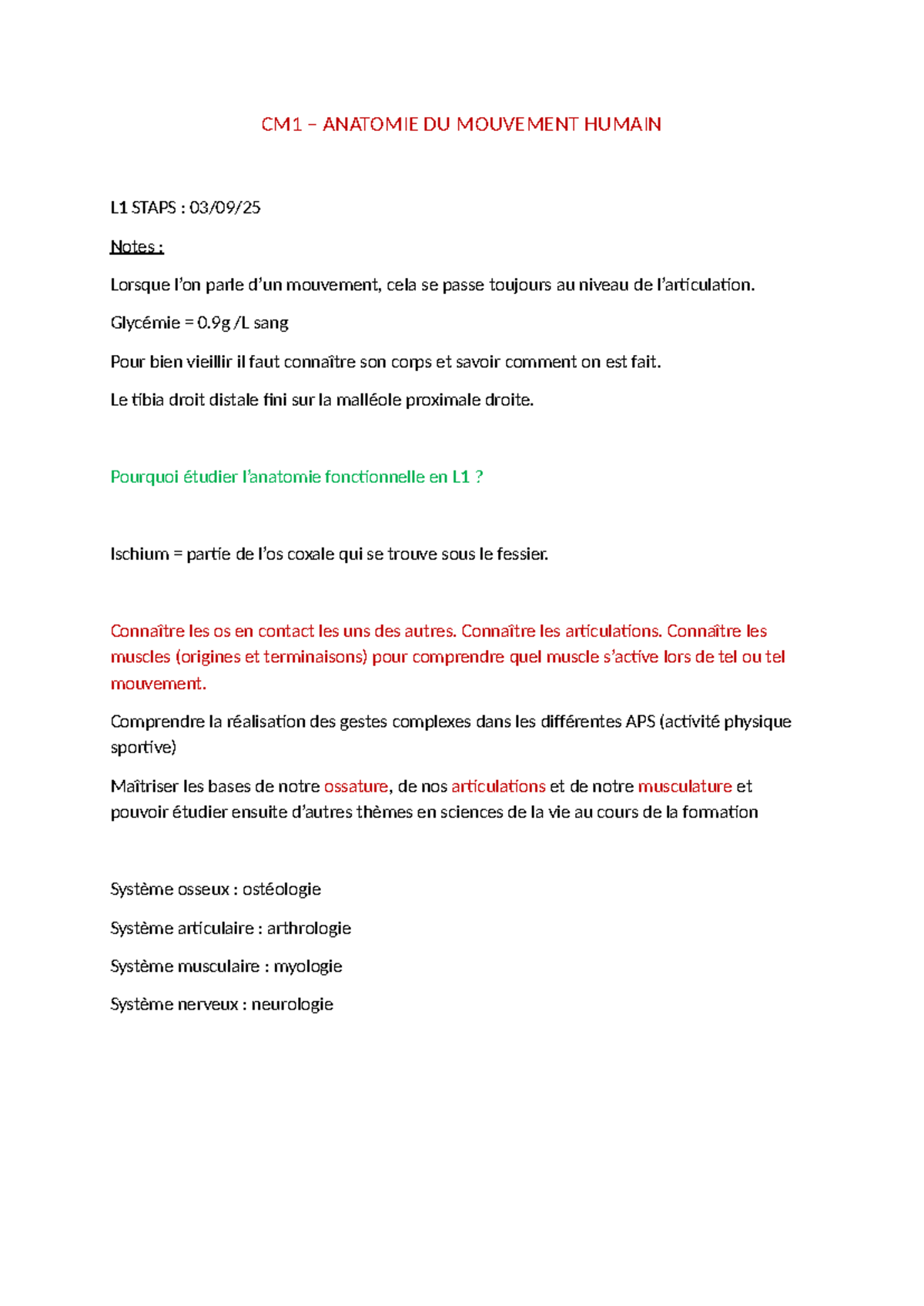 CM1 ANATOMIE DU MOUVEMENT HUMAIN L1 STAPS : Chapitre 1 Notes - Studocu