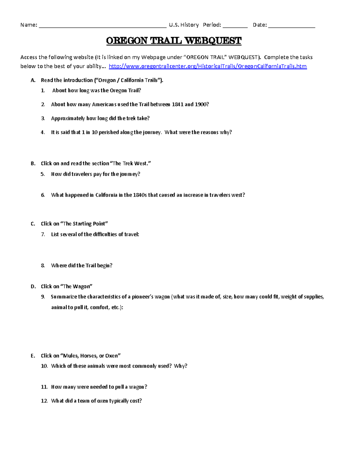 Oregon Trail Webquest - U.S. History Exploration Activities - Studocu