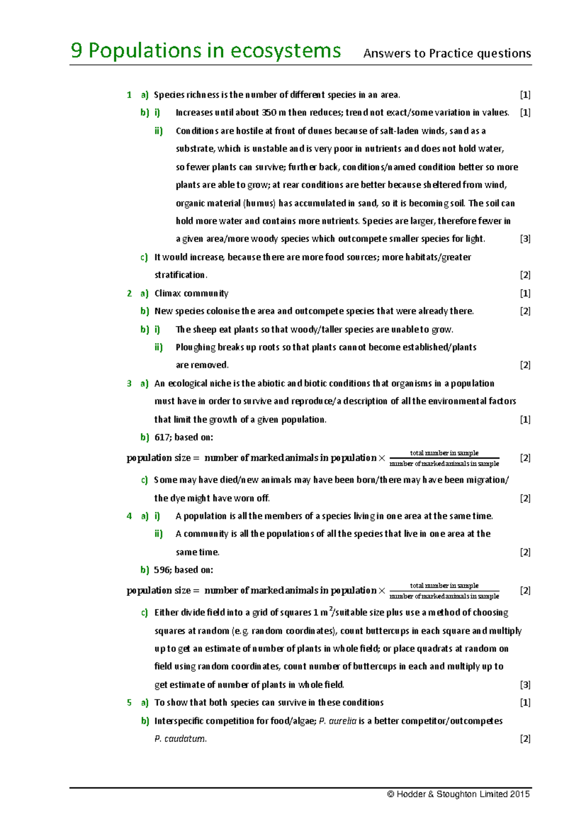 AQA A Level Biology 2 CH9 Ecosystem Populations Practice Answers - Studocu