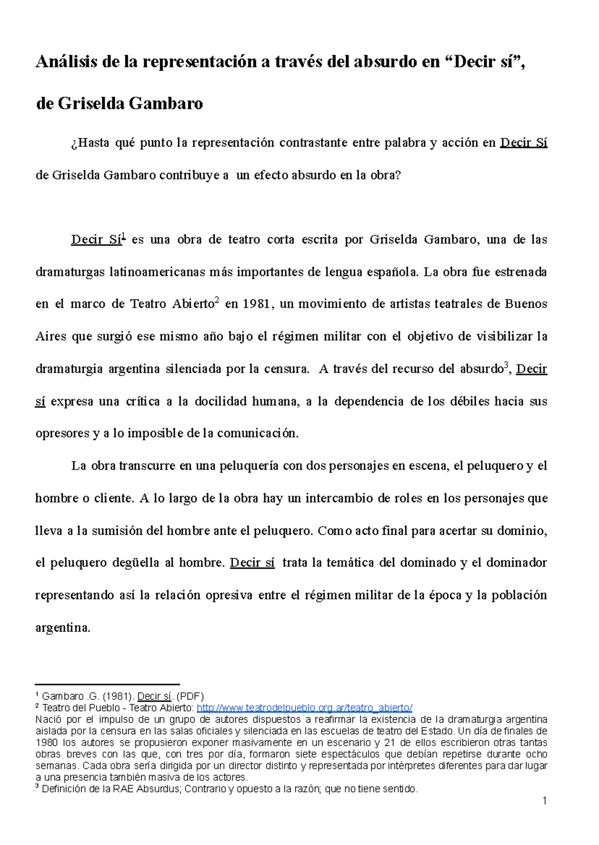 Análisis del Absurdo en "Decir Sí" de Griselda Gambaro: Monografía ...