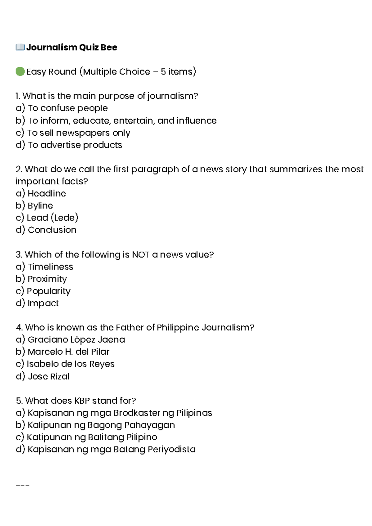 Journalism Quiz Bee Review: Easy to Average Rounds - Studocu