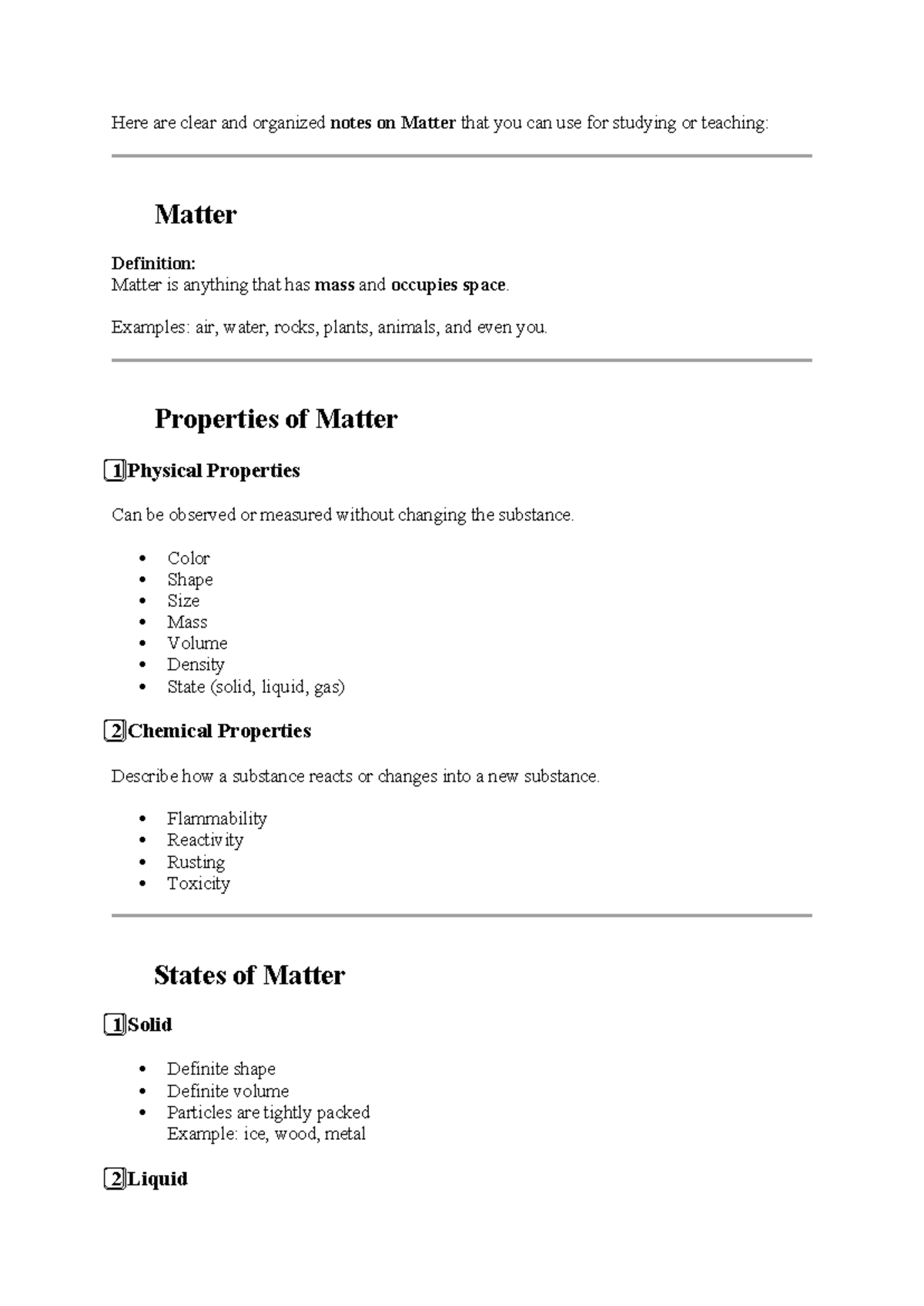 Matter Notes: Properties, States, and Changes for Study - Studocu