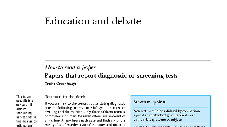 Evaluating Diagnostic Tests: Insights from Greenhalgh (1997) - Studocu