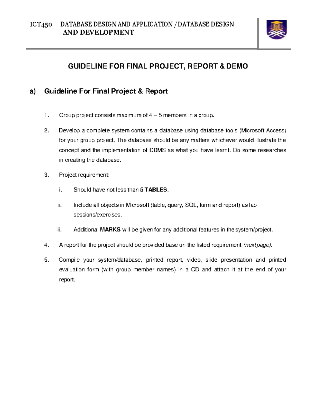 ICT450 Database Design & Development Final Project Guidelines - Studocu