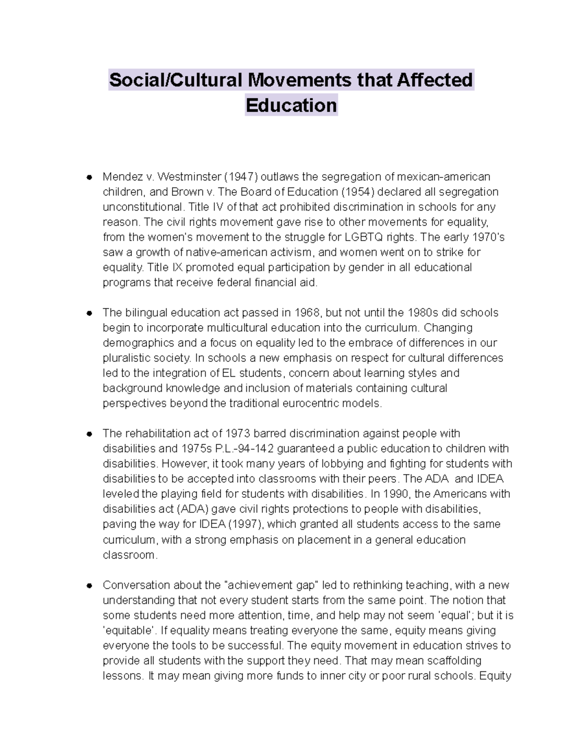 Notes - Social/Cultural Movements that Affected Education Your Right to ...