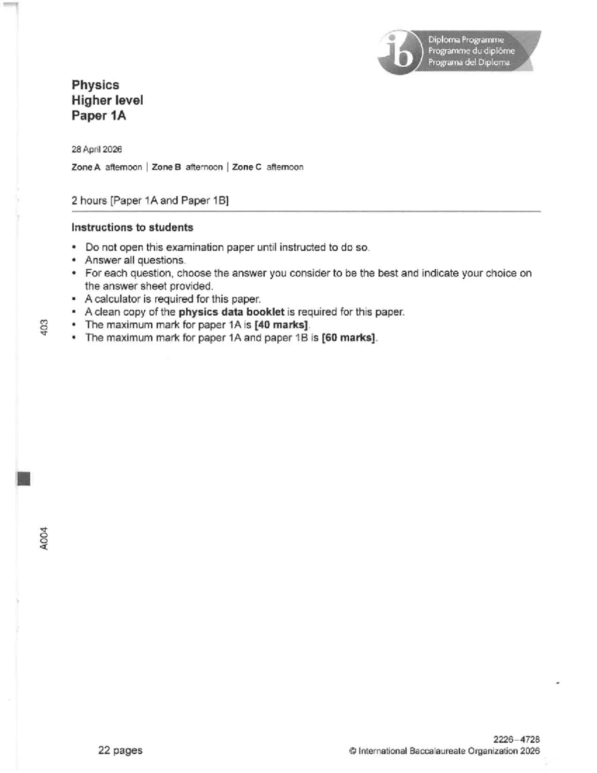 Physics HL Paper 1A TZC - Exam Instructions and Questions - Studocu