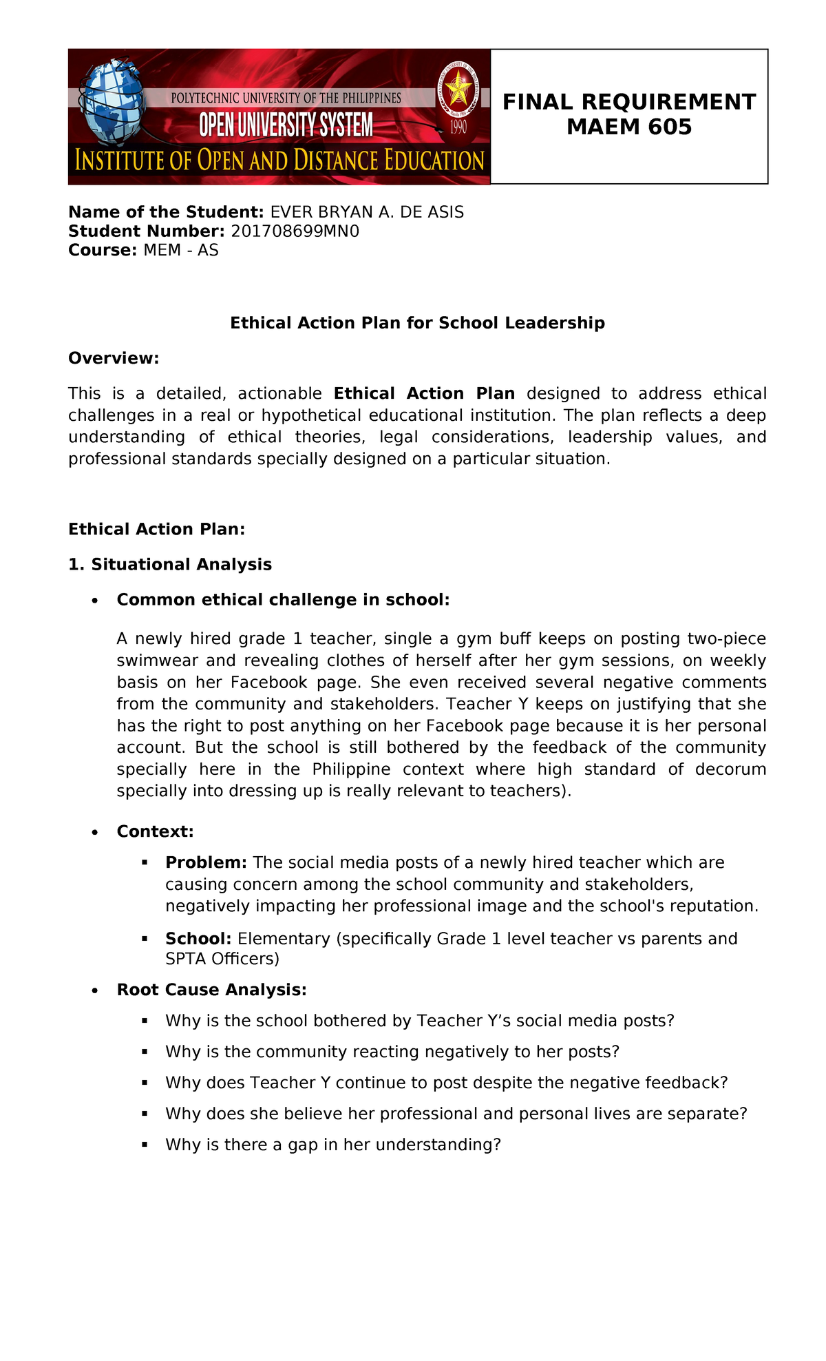 Ethical Action Plan for School Leadership - MAEM 605 Final Requirement ...