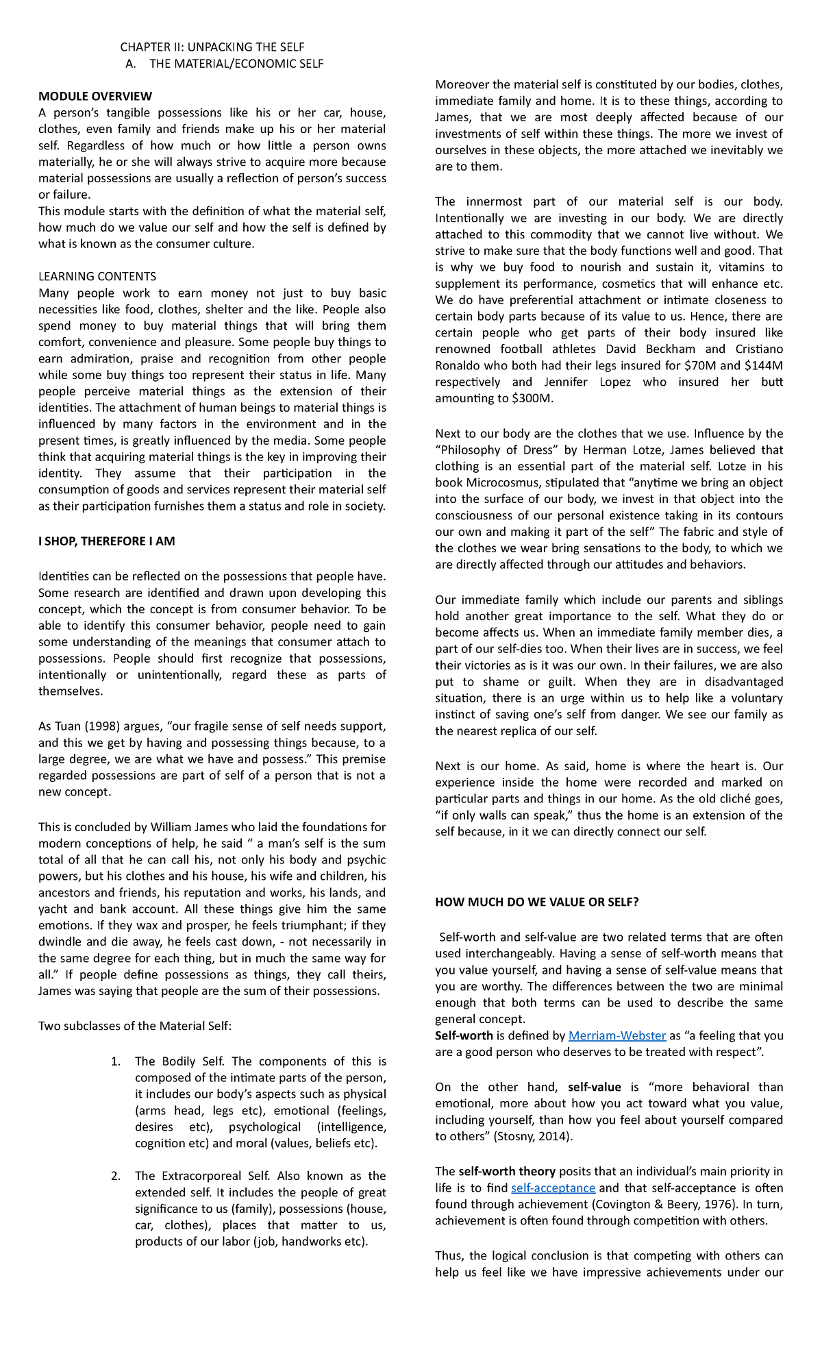 Understanding the Self - Material Self - PangSU - Studocu