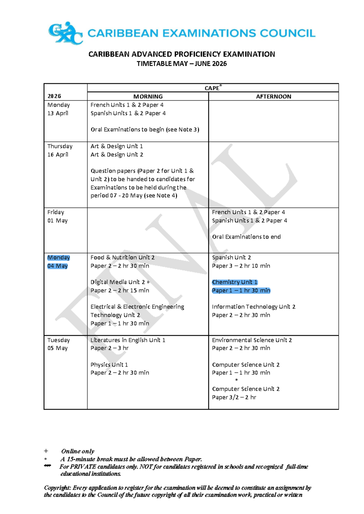 CAPE Examination Timetable May-June 2026 - Studocu