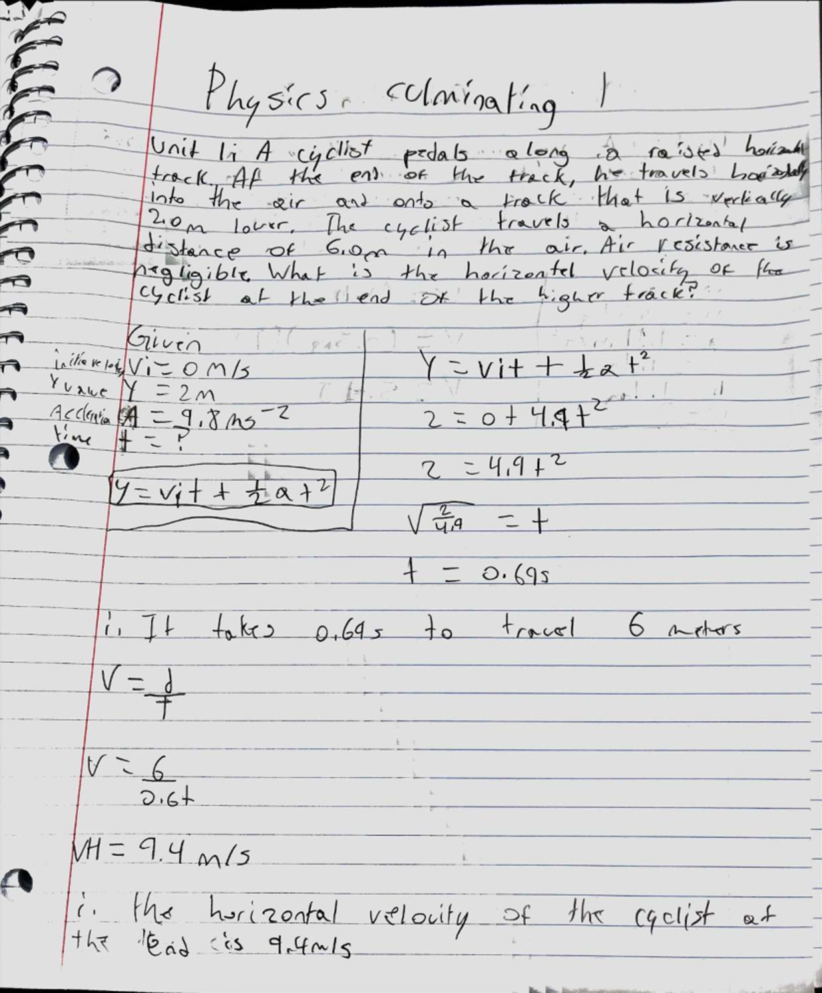 Physics Culmination Unit 1: Cyclist's Horizontal Velocity Analysis ...