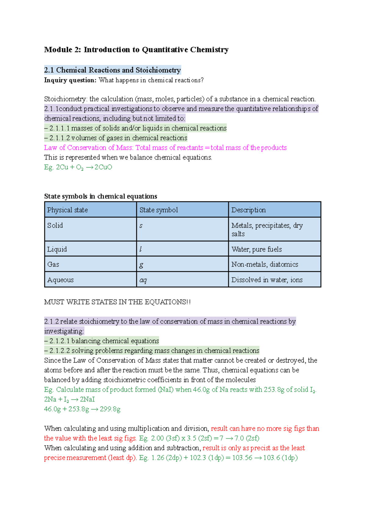 Year 11 Quantitative Chemistry Module 2: Full Preliminary Notes - Studocu