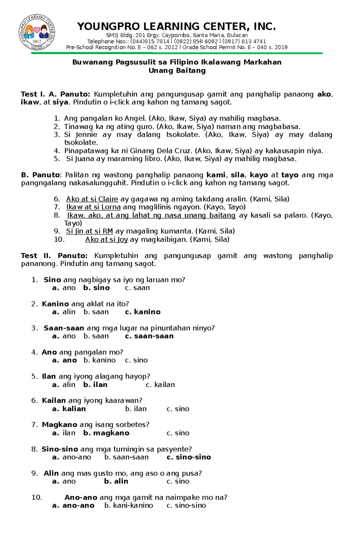 Filipino - Grade 1 - Buwanang Pagsusulit Ikalawang Markahan - Studocu